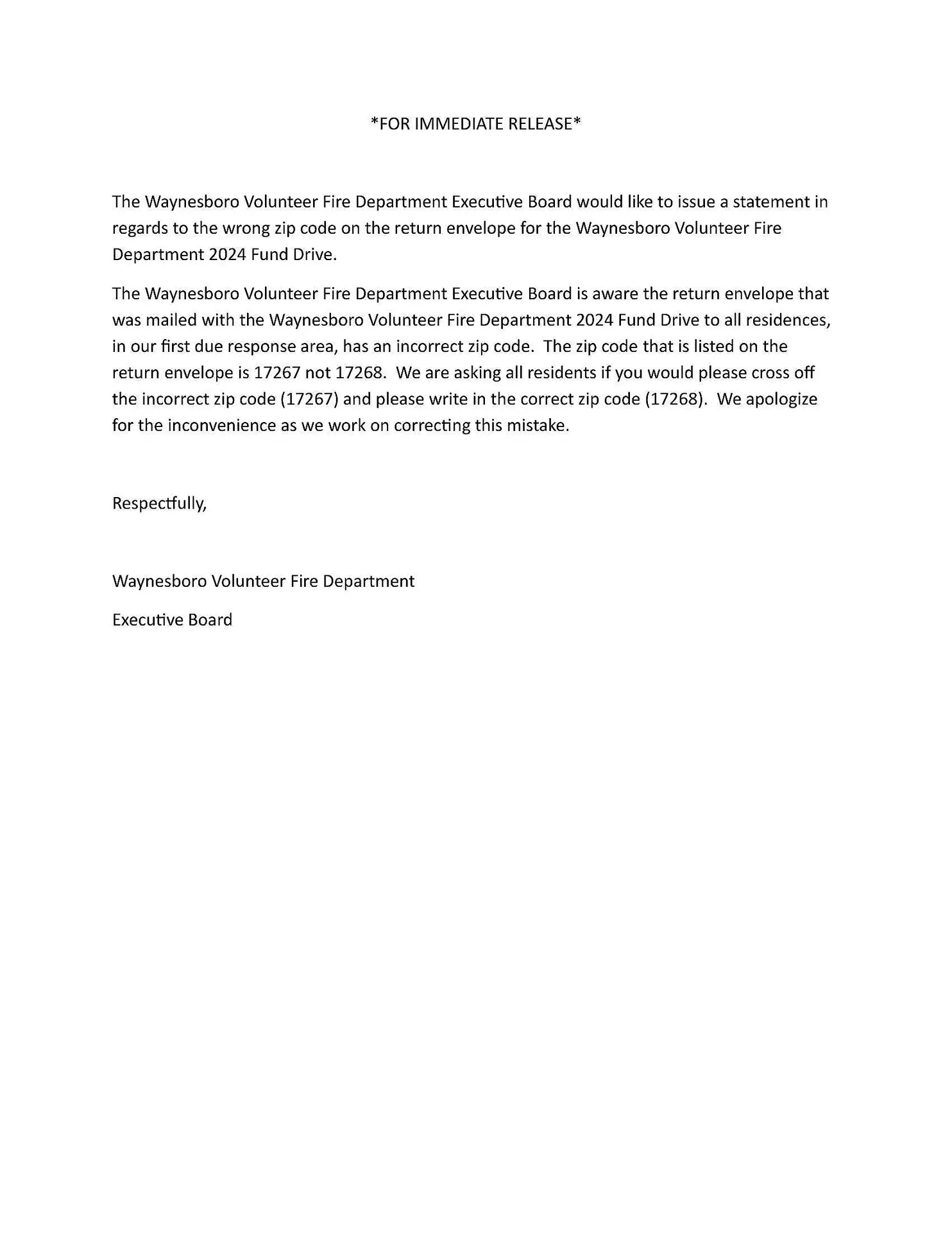 WVFD Fund Drive Statement - Waynesboro Volunteer Fire Department